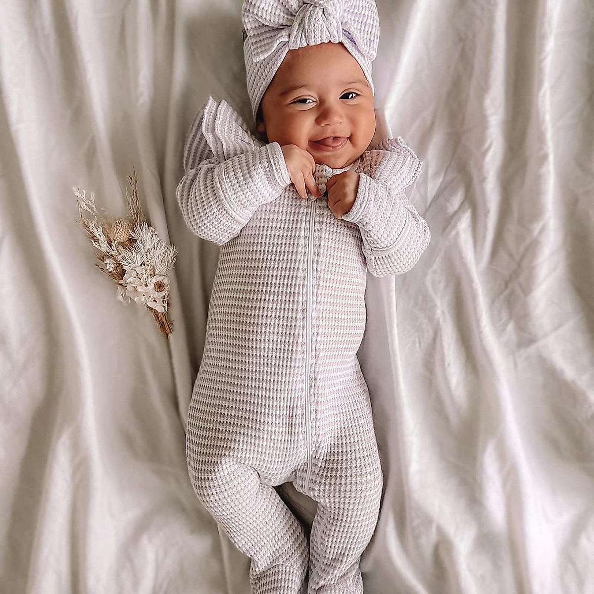 BemeyourBBs Newborn Baby Girl Clothes Ruffle Baby Sleeper Zipper Footie Romper Playsuit with Headband Outfit (Striped Pink,0-3 Months)