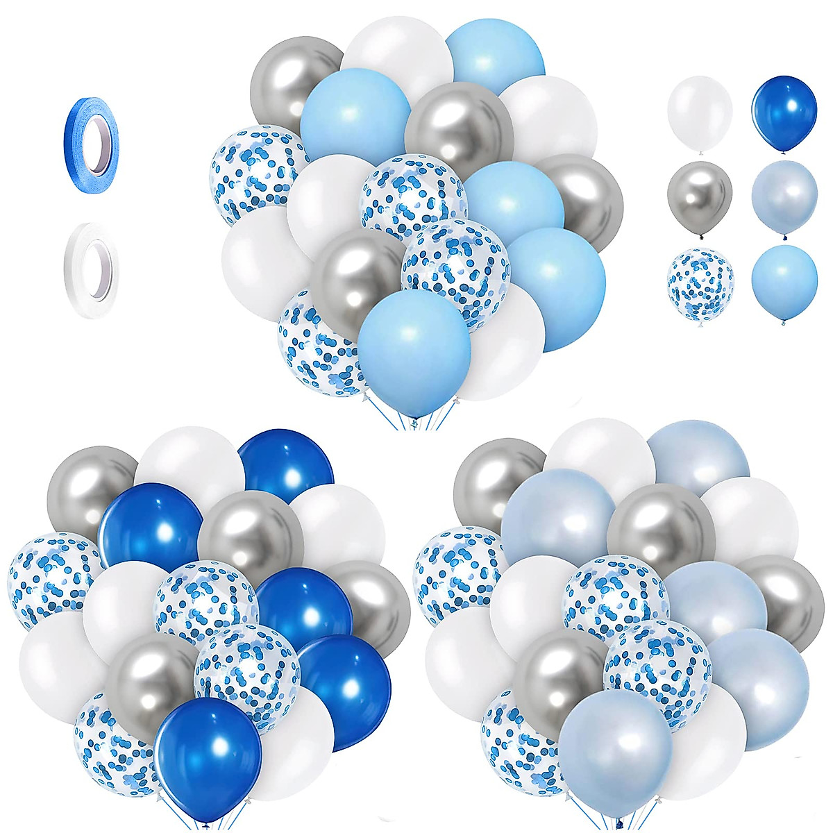 Blue and Silver Balloons 90Pcs Royal Blue and Silver Confetti Balloons 12 Inches White and Blue Latex Balloons for Baby Shower, Birthday, Bridal Shower, Wedding Party Decoration