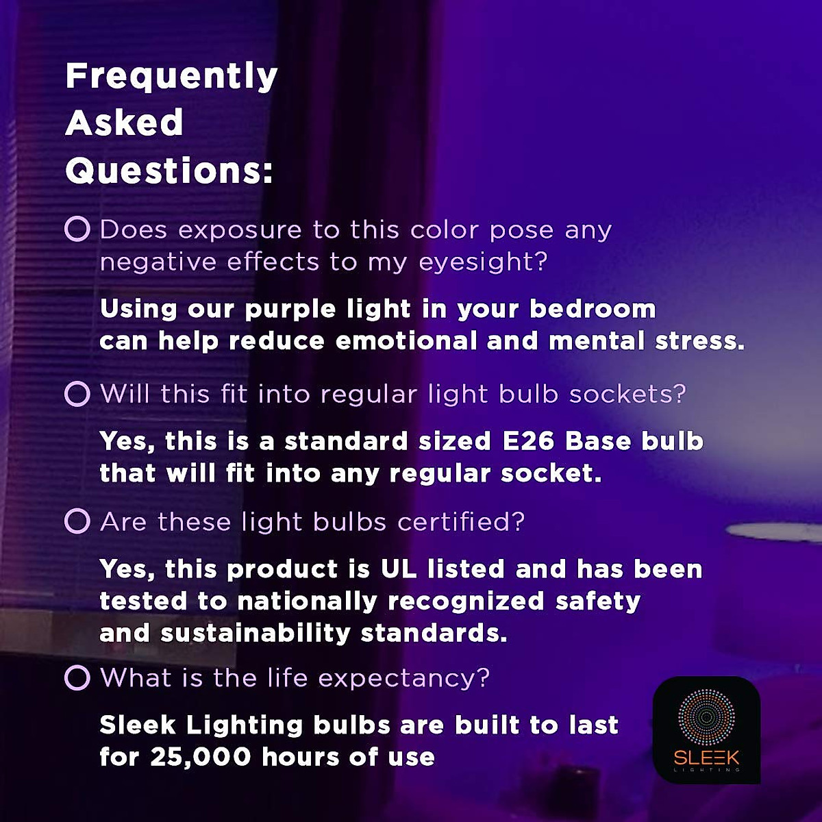 SLEEKLIGHTING Purple Light Bulb A19 LED, 120 Volt - 3-Watt Outdoor Light Bulbs- Medium Base - UL-Listed Purple LED Light Bulb- Lasts More Than 20,000 Hours 4pack