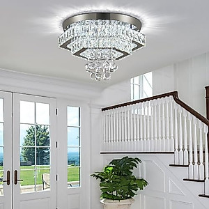 Finktonglan Modern Crystal LED Ceiling Light 2 Layers Flush Mount Fixture Chandeliers Stainless Steel Lamp for Living Room Dining Room Bedroom Hallway