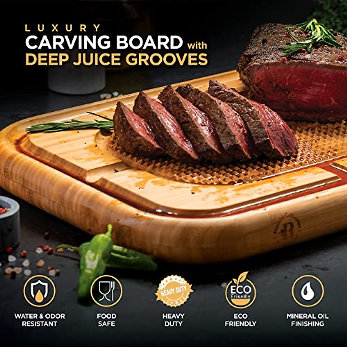 Meat Cutting Board with Juice Groove - Heavy Duty Bamboo Butcher Block Cutting Board - Large Wooden Kitchen Carving Board with Pyramid Design to Stabilize Meat - Reversible Design for Slicing Chopping