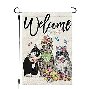 CROWNED BEAUTY Spring Cats Garden Flag Floral 12x18 Inch Double Sided for Outside Welcome Burlap Small Yard Holiday Decoration CF755-12