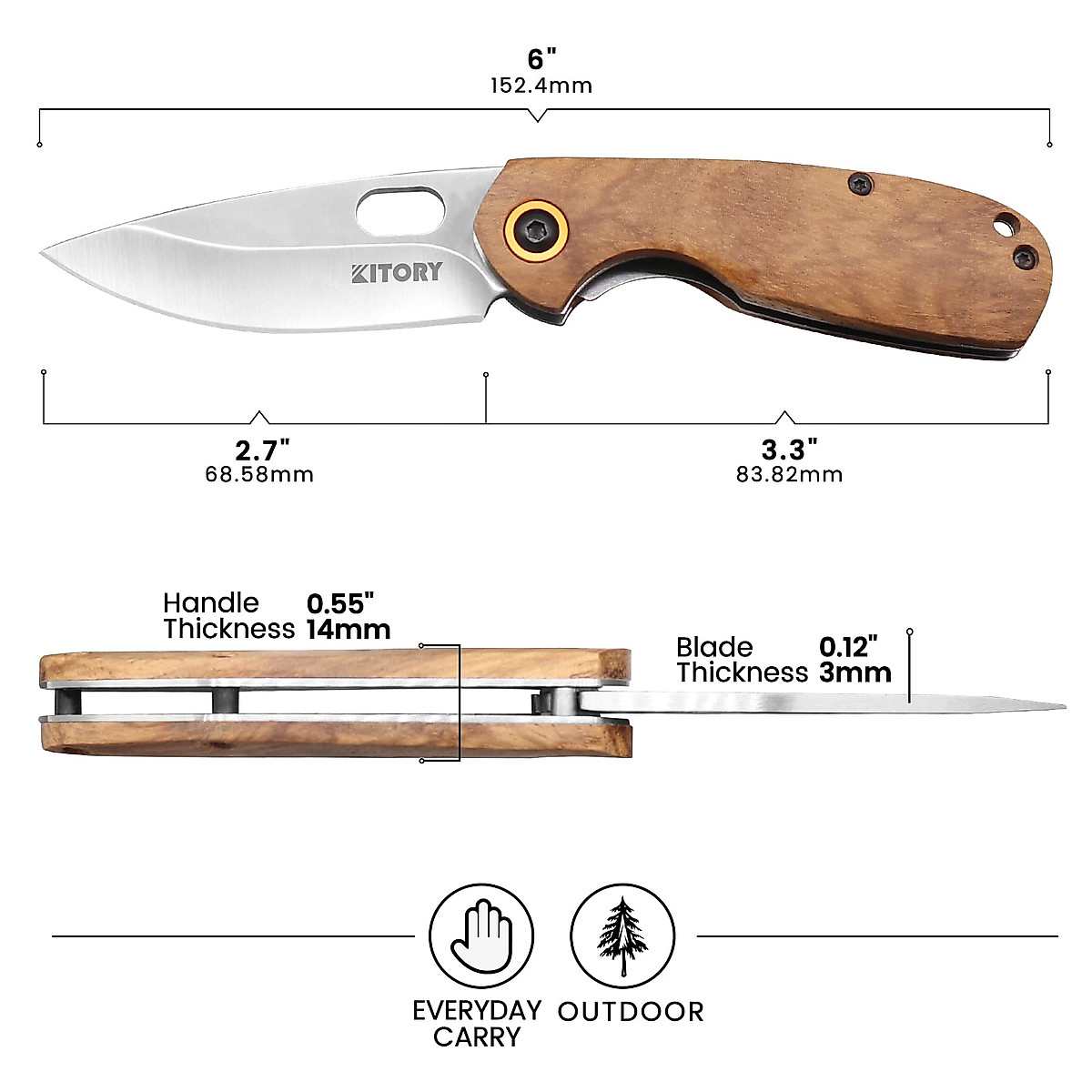 Kitory Pocket Knife 2.7"- EDC- Small Cute Folding Knife, D2 Stainless Sharp Blade with thick Wood Handle with Lanyard Hole, 2023 Gifts For Women and Men