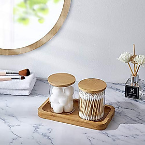 YININE Bamboo Vanity Tray, Bathroom Tray Organizer Glass Qtip Holder Dispenser Apothecary Jars for Cotton Swabs Balls Round Pad Perfume Candles Cosmetics Jewelry Makeup