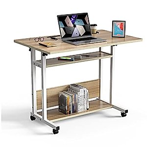 fshihine Portable Desk for Sofa and Bed 31.5"x19.5" Height Adjustable Laptop Table with Wheels, Rolling Small Mobile Standing Home Office Workstation for Small Spaces, Student Study Desk with Storage