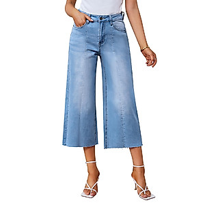 GRAPENT Wide Leg Pants for Women Jeans for Girls Y2K Baggy Jeans Denim Capri Pants Blue Jeans Casual High Waisted Summer Capris Seamed Front Color Cool Blue Size Large Size 12 Size 14