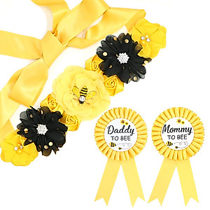 TTCOROCK Yellow Maternity Sash & Mommy Daddy Corsage Set - What will Baby Bee Baby Shower Mommy Sash Pregnancy Sash Keepsake Baby Shower Flower Belly Belt