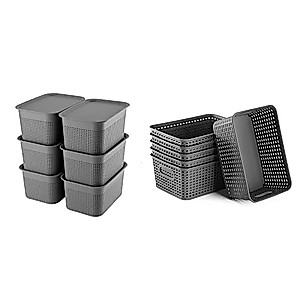 AREYZIN Sef of 12 Plastic Baskets- Lidded Storage Baskets Plastic Bins Organizer Containers 6 Pack + Plastic Strage Baskets for Organizing 6 Pack