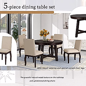 HAUSHECK Modern Round Room Person, Wood Extendable w/X-Shaped Base, Upholstered, Nailhead Curved Back, Farmhouse Kitchen Chairs Home Furniture, Dining Table Set for 4-6, Espresso