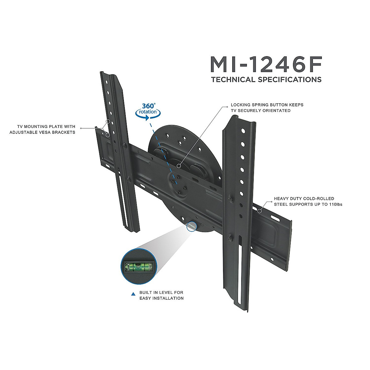 Mount-It! TV Wall Mount Landscape to Portrait Rotation, Fixed Mounting Bracket, Low-Profile for Samsung, Sony, Toshiba, Sharp, LG, Element, Westinghouse, TCL 32 to 60 Inch (Some 70") TVs, 110 lbs