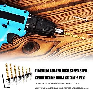 Tomato Palace Countersink Drill Bit Set 7 PCS Titanium Coated Counter Sinker Drill Bit Set for Wood High Speed Steel, Woodworking Carpentry Reamer Tool Set with Hex Key Wrench