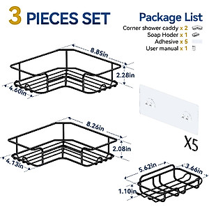 YASONIC Corner Shower Caddy Adhesive, 3 Packs Shower Organizer with Soap Holder and 12 Hooks, Rustproof Corner Shower Shelves, No Drilling Shower Shelf for Inside Shower (Bright Black)