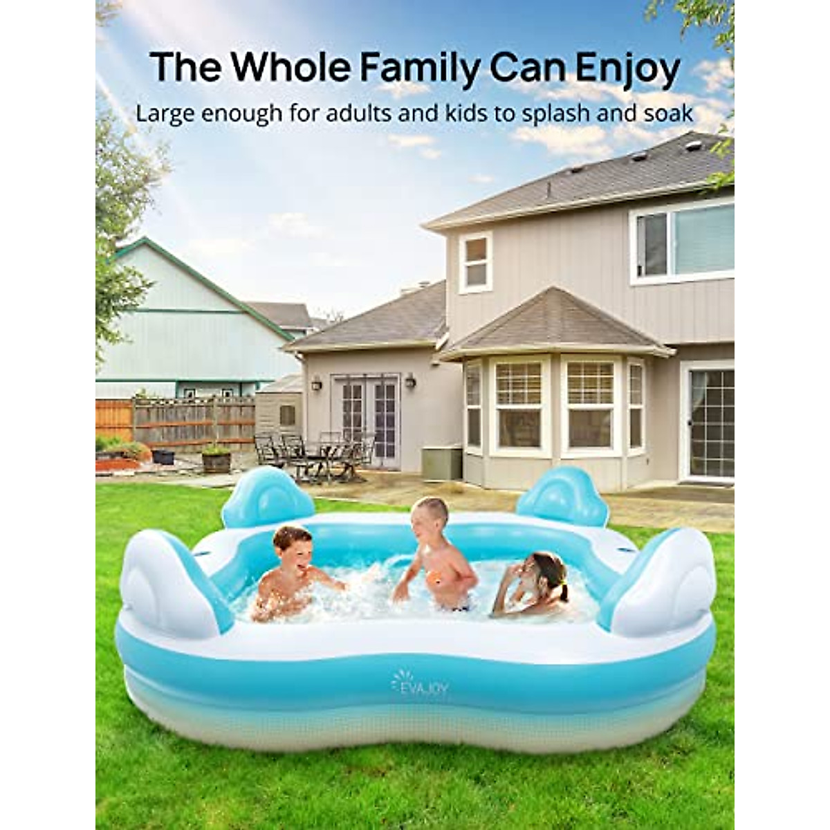Inflatable Swimming Pool, EVAJOY Inflatable Pool for Kids, Adults, Family-Sized Above Ground Swimming Pool with 4 Seats, 4 Backrests, Cup Holders, for Backyard, Garden, Outdoors, 200 gal