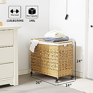 Fiona's magic 140L Large Laundry Basket with Wheels, Laundry Hamper with Lid and Removable Bags, Dirty Clothes Hamper 3 Section for Bedroom, Handwoven Rattan Wicker, Brown