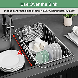Fanbsy Small Dish Drainer Rack in Sink Adjustable, Expandable Stainless Steel Metal Dish Drying Rack Organizer with Stainless Steel Utensil Holder Over Inside Sink Counter, Rustproof(for 1-2 People)