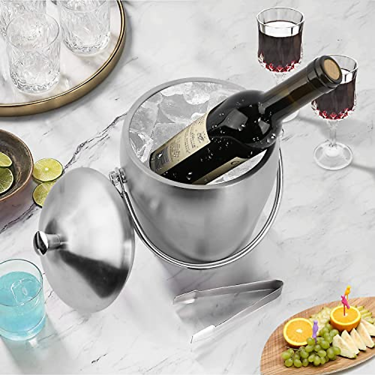 Hassol 2L Ice Bucket with Lid, Tongs, Scoop and Strainer, Premium for Parties, Cocktail Bar, Champagne, Wine, Chilling, Perfect for Bar Accessories for the Home Bar to Freezer, Stainless Steel Bucket