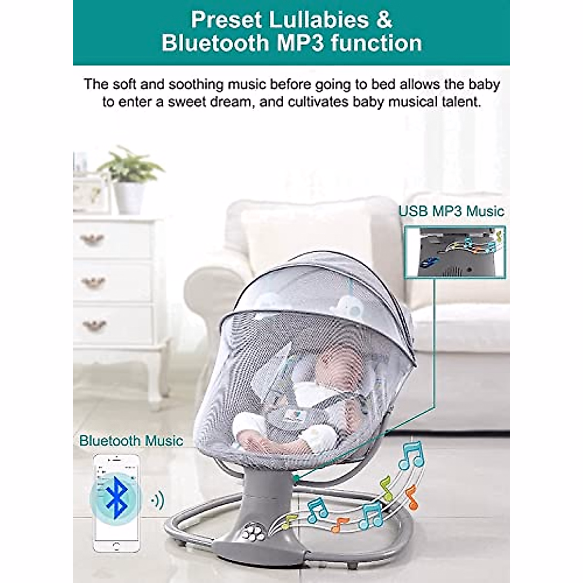 Baby Swings for Infants, Bluetooth Baby Bouncer, Intelligence Timing Electric Baby Rocker with Music Speaker, Preset Lullabies, 5 Point Harness Belt, 5 Speeds & Remote Control