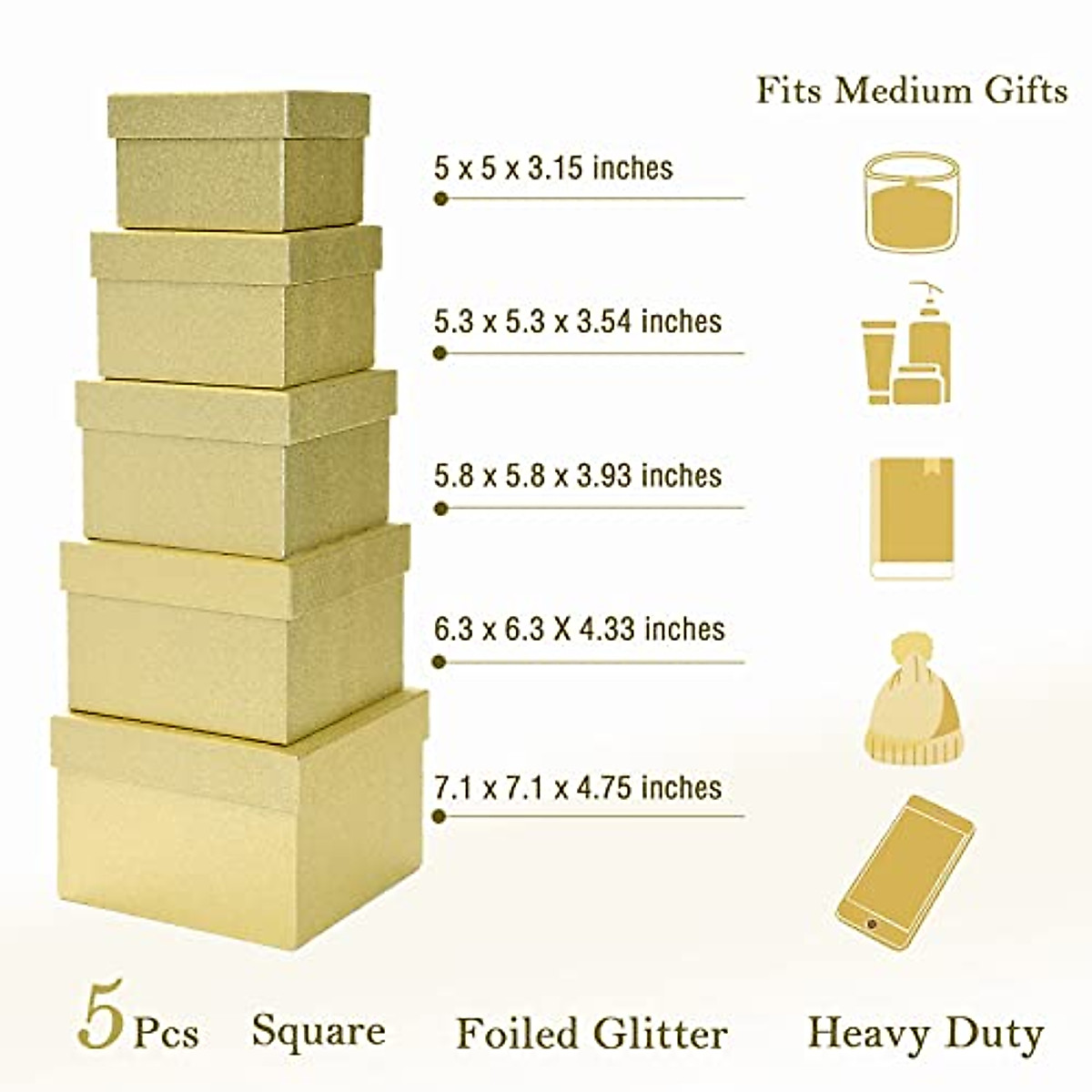 PAPER FAIR 5PCS Bright Gold Glitter Nesting Gift Boxes Set, Flat Square Cardboard Storage Organizer Keepsake Box with Lid Durable Reusable, for Gift Wrapping Holiday Present Christmas Birthday, Assorted Size