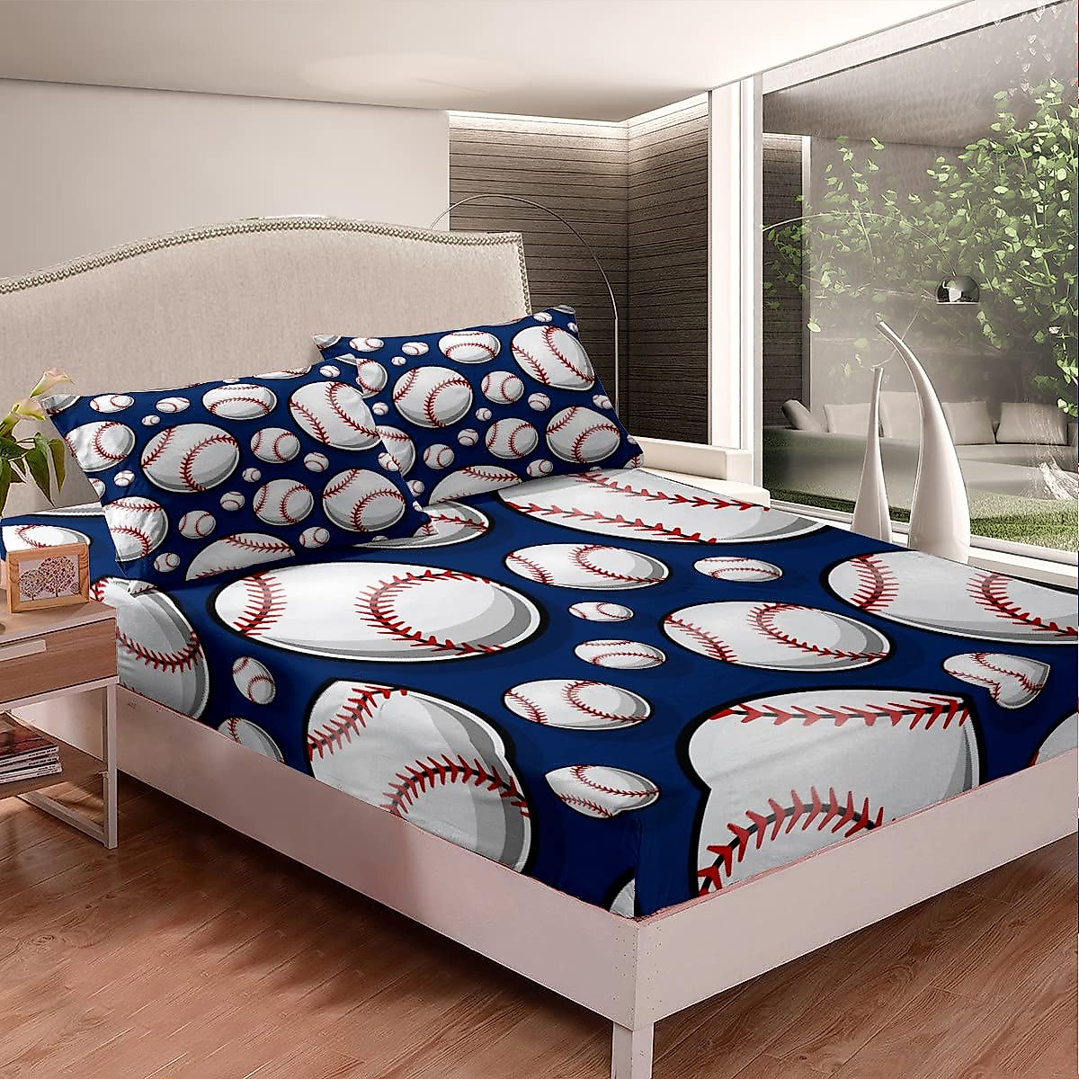 Baseball Sheet Set Sports Theme Bedding Set for Kids Boys Girls Teens 3D Blue Ball Pattern Bed Sheets Breathable Baseball Games Bed Sheet Set Room DecorBed Set Full Size