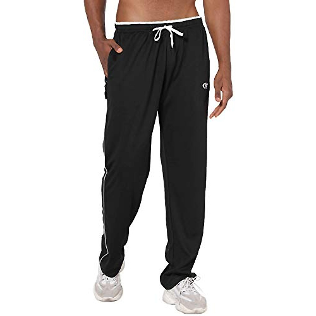 NEIKU Men's Lightweight Sweatpants Loose Fit Open Bottom Mesh Athletic Pants with Zipper Pockets Black/White L
