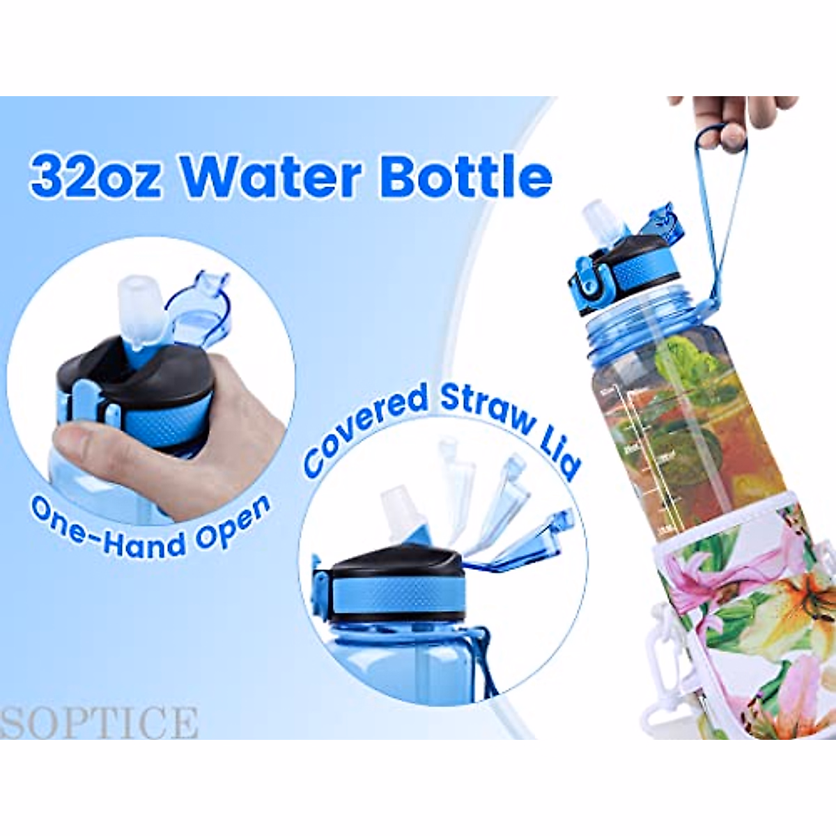 SOPTICE 32oz Water Bottles with Sleeve and Straw Lid Hands Free for Outdoor Sports Insulated Neoprene Holder with Adjustable Strap BPA Free Reusable Drink Jug with Carrier Bag for Phone Tiger Lily