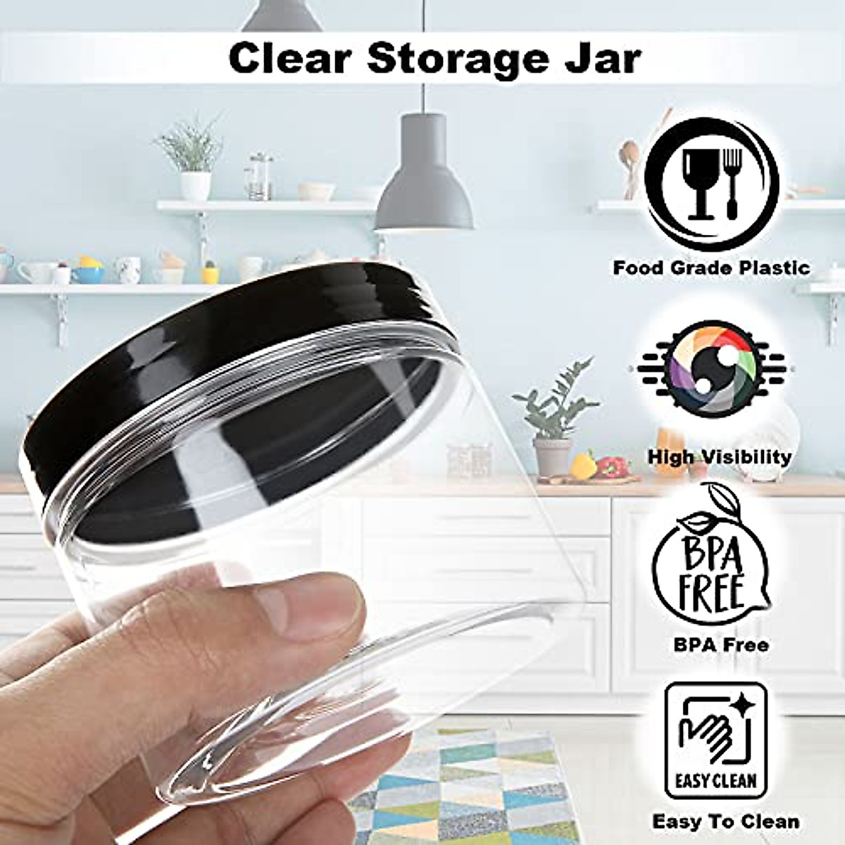 18 Pack 10.8 Oz Plastic Jars with Lids, Clear Round PET Wide-Mouth Container for Slime, Cosmetics, Bathroom, Kitchen, Tool Accessories, Gift, and Traveling Storage, BPA Free, Black Lids