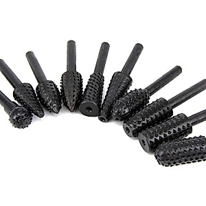 ASNOMY 10PCS Woodworking Twist Drill Bits, Wood Carving File Rasp Drill Bits 6.3mm(1/4") Shank Electrical Tools Woodworking Rasp Chisel Shaped Rotating Embossed Grinding Head with Storage Bag