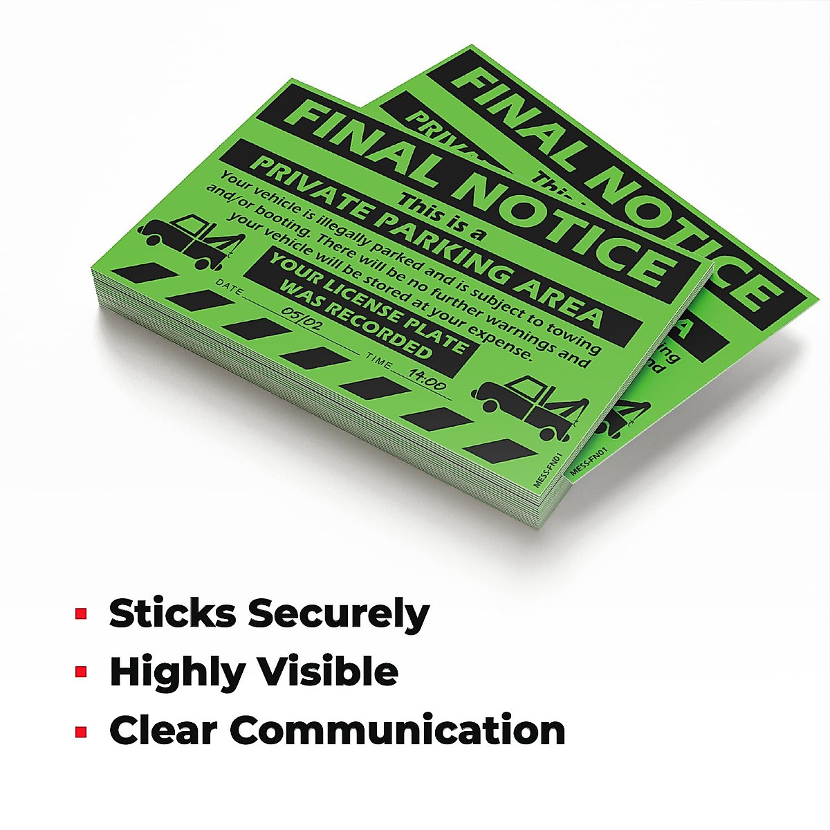 100 MESS Parking Violation Stickers Hard to Remove - No Parking Stickers - Bad Parking Stickers - Super Sticky Warning Stickers for Towing Parked Cars 8x5 in (Green Final Notice, 100)