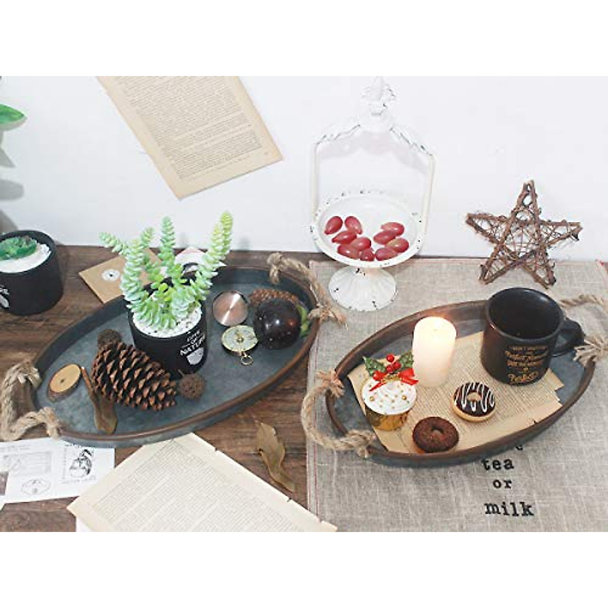 Funerom 13.9X 8.8 inch Galvanized Metal Oval Tray with Rope Handle，Farmhouse Serving Tray.