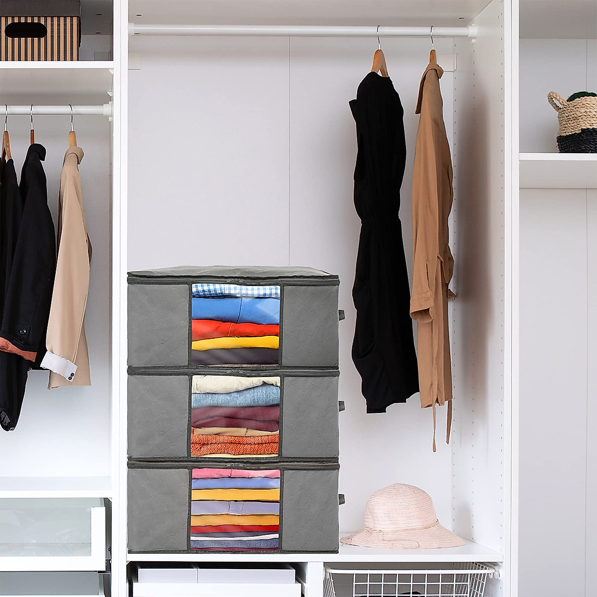 Gbdilo Foldable Storage Bag Organizers, Large Clear Window & Carry Handles, Great for Clothes, Blankets, Closets, Bedrooms, and More 3-Pack