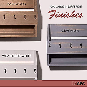 Ilyapa Key and Mail Holder for Wall - Mail Organizer Wall Mount with Shelf - Rustic White Wooden Decorative Wall Key Holder with 5 Metal Hooks | American Family-Owned Business
