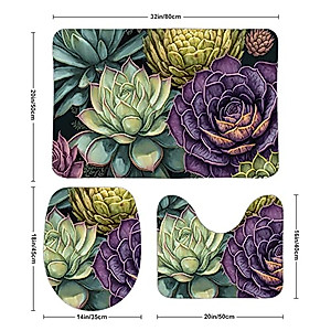 Habilboi Bathroom Rugs Sets 3 Piece with Toilet Cover, Bath Mats for Bathroom Non Slip, U-Shaped Contour Toilet Mat Succulent Patterns 20x32inch Bath Mats for Bathroom Floor