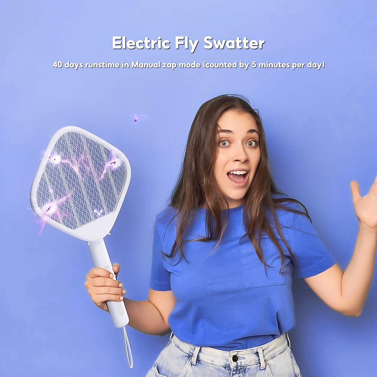 Qualitell Fly Swatter Electric Zapper Rechargeable, Mosquito Zapper Racket Kills Mosquitoes in Corners, Fly Zapper Folding Hanging Standing Handheld LED UV Bug Trap Light for Indoor Outdoor