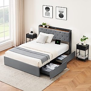 Amyove Queen Bed Frame with 4 Storage Drawers and Charging Station, Grey Queen Upholstered Bed Frame with Storage Headboard, No Box Spring Needed, Noise-Free Easy Assembly (Queen)