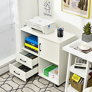 Giantex Printer Stand Under Desk - Mobile File Cabinet with 2 Drawers, Lateral Cabinet, 2 Open Compartments, Lateral Rolling Filing Cabinet on Wheels for Home & Office Use Printer Table (White)