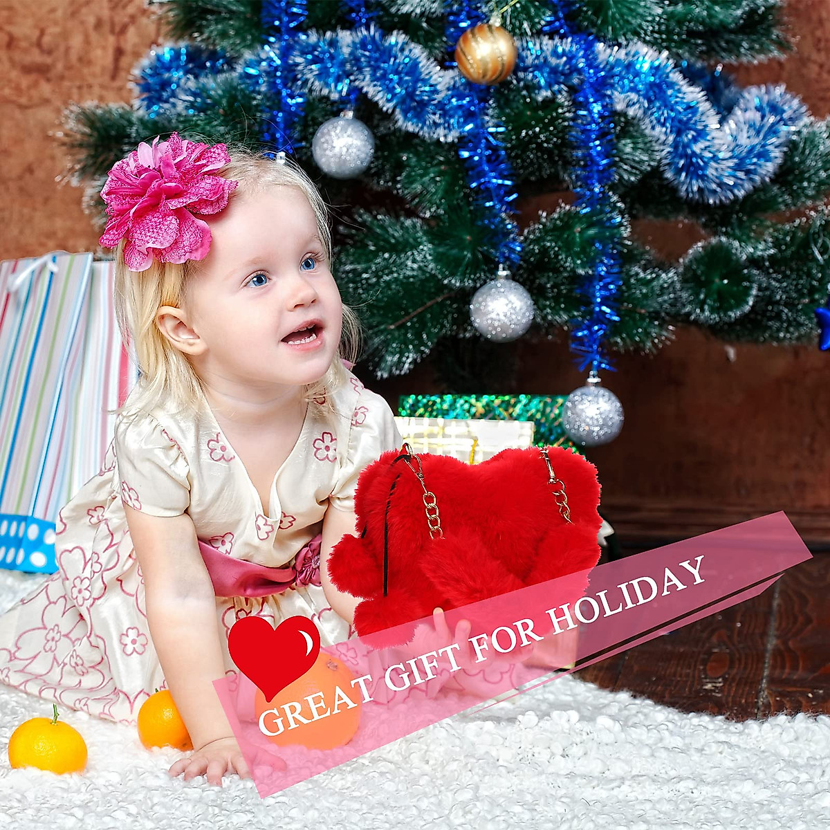 Saintrygo 2 Pcs Valentines Day Furry Purse Heart Shaped Purse Women Soft Fluffy Faux Fur Handbag Gift for Christmas(Red, Black)