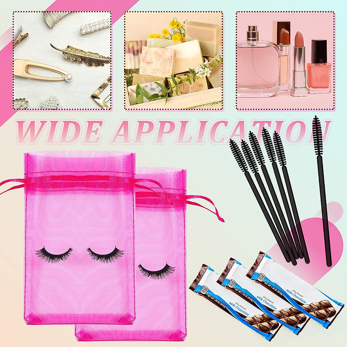 100 Pcs Eyelash Aftercare Bags 4 x 6 Inches Eye Lash Print Aftercare Makeup Bags Drawstring Cosmetic Bags Organza Beauty Bags for Women Makeup Jewelry Supplies (Pink)