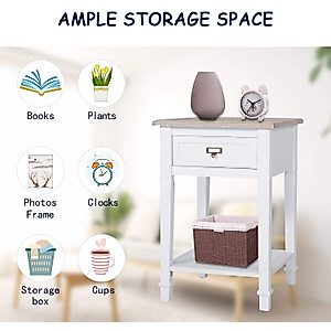 Kinsuite White Side Table Set of 2 Wood End Table Nightstands with Drawer and Storage Shelf