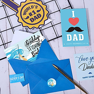 Whaline 24 Pack Father's Day Greeting Cards Happy Father's Day Note Cards with Blue Envelopes & Stickers I Love Dad Gift Blank Cards for Father's Day Birthday Party Supplies, 4 x 6 Inch, 6 Design