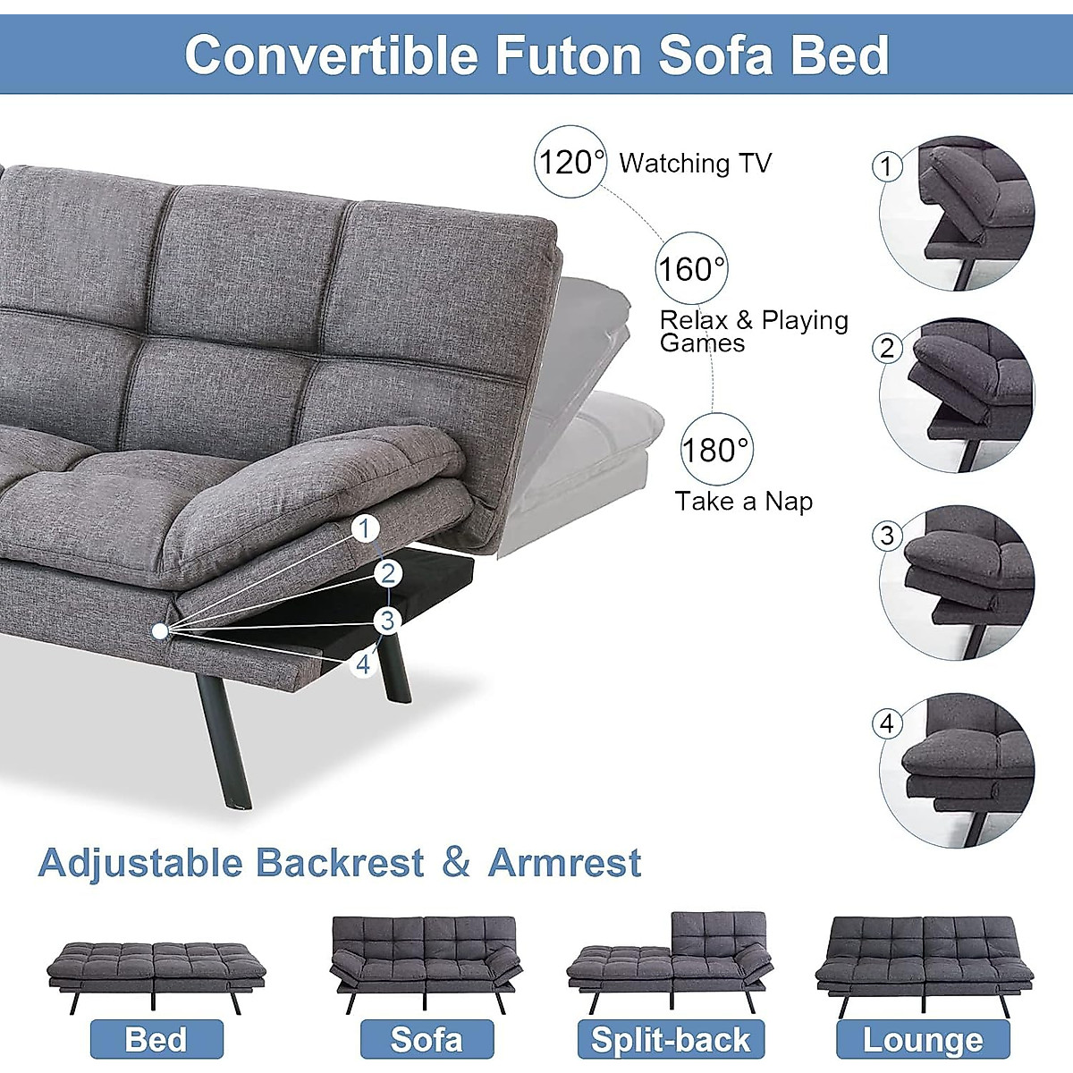 MUUEGM Futon Sofa Bed Couch Sleeper Convertible Memory Foam,Modern Love seat Daybed,Adjustable Armrest Backrest for Living Room,Office,Small Space,Apartment,Dorm,71" Sofabed, Grey-New