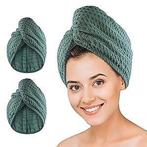 Microfiber Hair Drying Towel - 2Packs Waffle Long Hair Head Turban Wraps Terry Cloth Fast Absorbent Dry Anti Frizz Twist Plopping Curly Shower Turban for Women Wet Hair (Green)