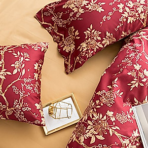 Eastern Floral Chinoiserie Blossom Print Duvet Quilt Cover Navy Blue Tan White Asian Style Botanical Tree Branches Ornamental Drawing 400TC Egyptian Cotton 3pc Bedding Set (King, Garnet)