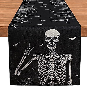OurWarm Halloween Table Runner 72 Inches Long, Vintage Skull bat Black Burlap Halloween Table Runners Skeleton Burlap Day of Dead Table Decor for Kitchen Holiday Indoor Home Party