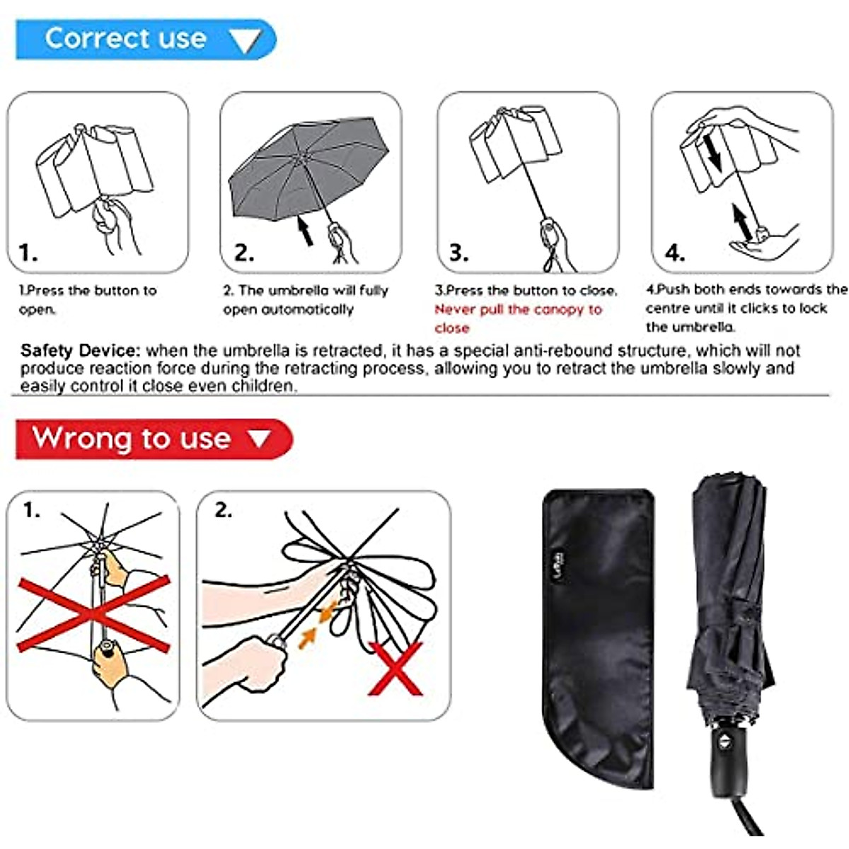 LeRain Auto Windproof Travel Umbrella - Compact, Lightweight, and Portable - Strong Umbrella for Wind and Rain - Non-Rebound umbrella Retracting Device for Men and Women - Upgraded for 2023 (Black)
