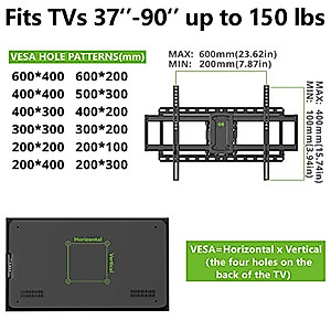 USX MOUNT UL Listed Full Motion TV Wall Mount for 37"-90" TVs, Pre-Assembled TV Mount Fits 16", 24" Wood Studs, Universal with Swivel and Tilt TV Bracket Up to VESA 600x400mm, 150lbs
