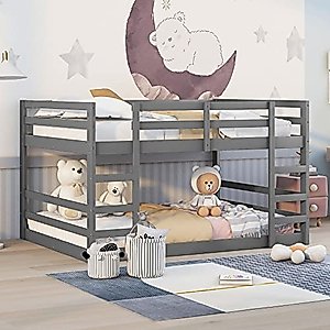 Low Bunk Beds Twin Over Twin Floor Bunk Bed Wood Bunkbed Frame for Kids Toddlers Boys Girls Teens’ Bedroom Dorm, Gray