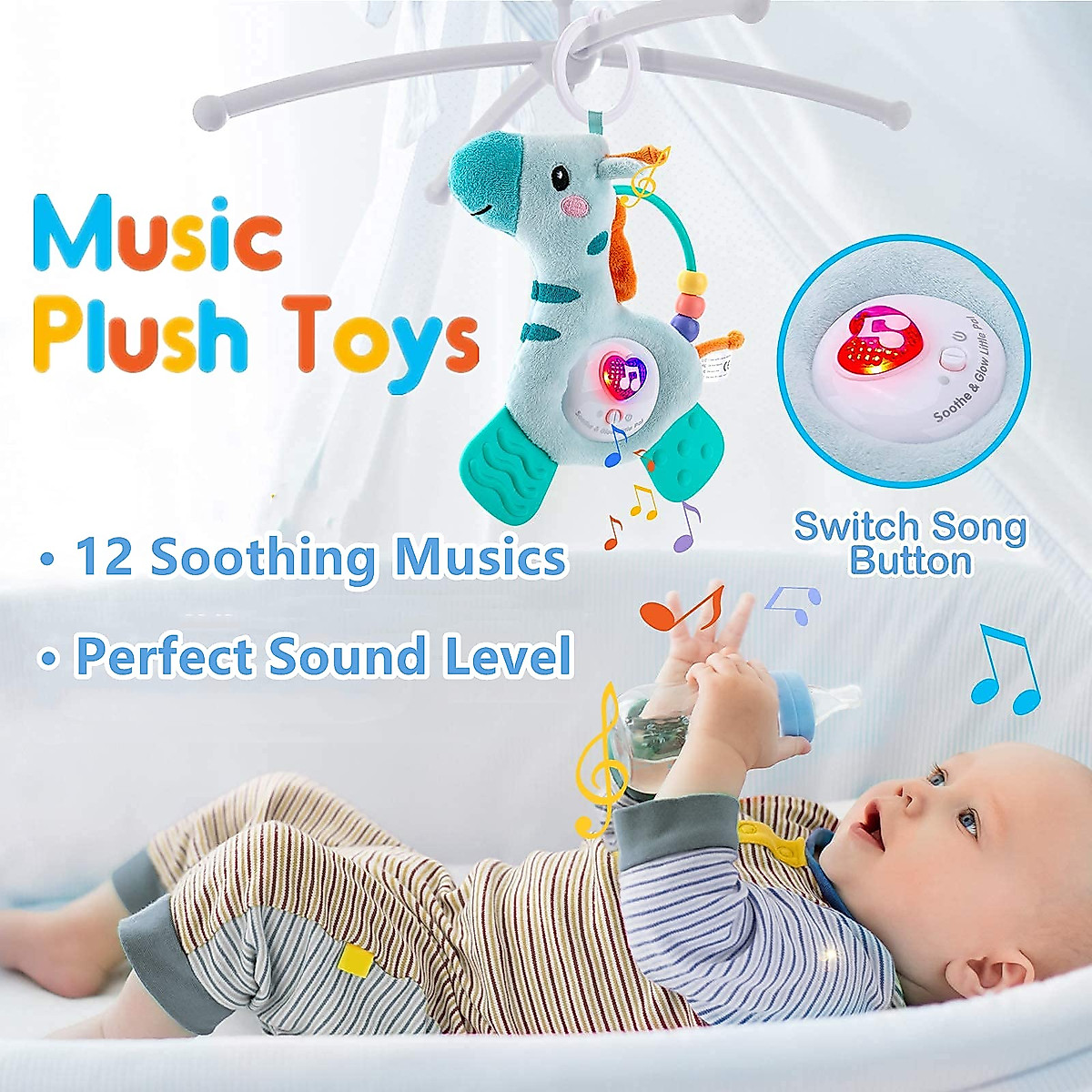 Newborn Toys Baby Teething Toy Baby Toys 0-6 Months with Teether Baby Pram Toys & Cot Toys with Hook Plush Musical Toys with Soft Light & Color Rattle Baby Sensory Toys Gifts for Baby - Deer