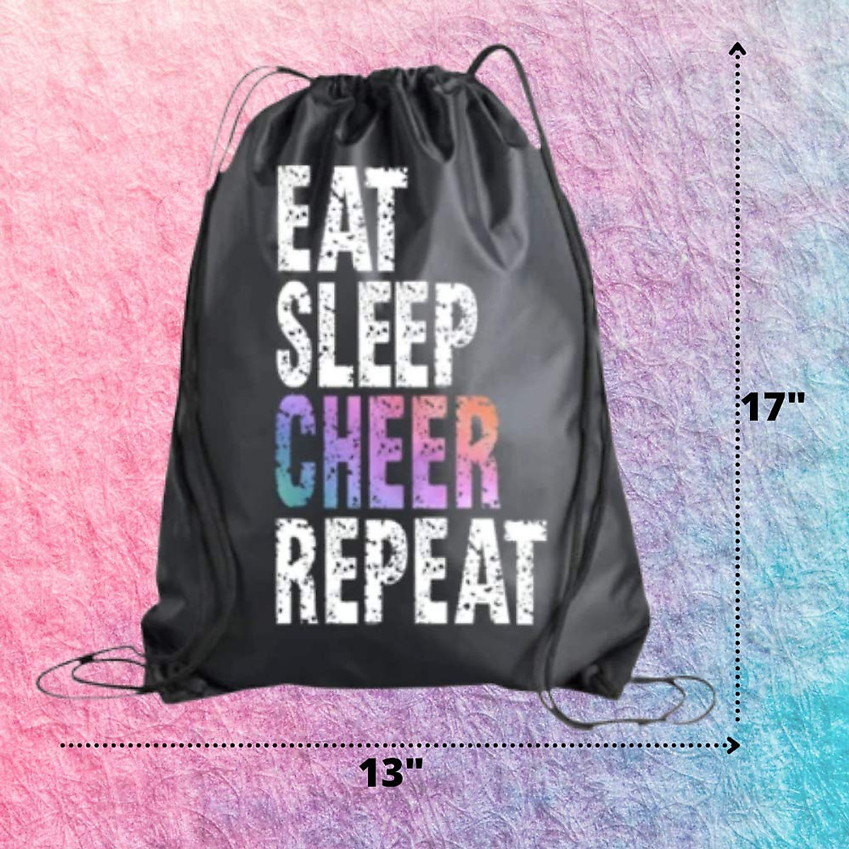 Sportybella - Cheer Drawstring Bag - Eat Sleep Cheer Repeat, Cheerleading Competition Bag, Sport Cinch Sack, Gift for Cheerleaders