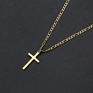 14K Gold Filled Cross Necklace for Men Figaro Chain Cross Necklace Stainless Steel Plain Cross Pendant Necklace Simple Faith Jewelry Gift for Boys 18"