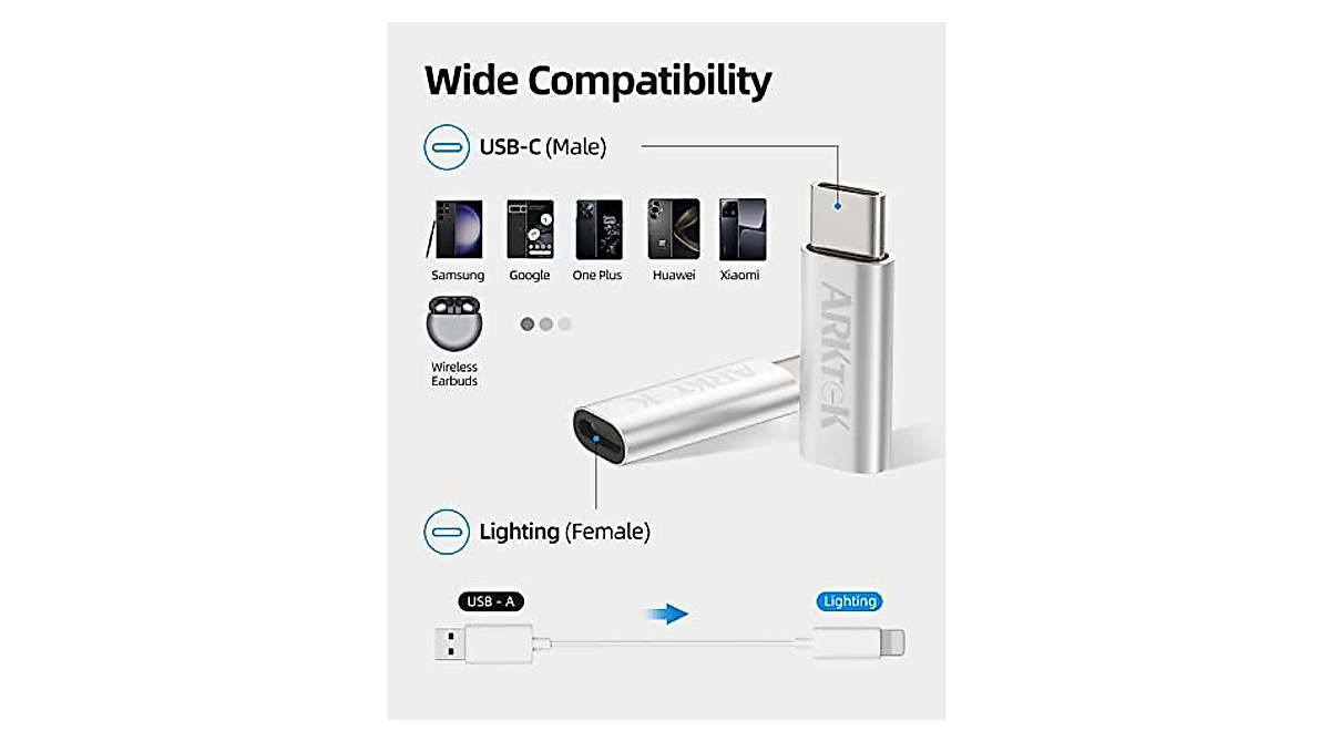ARKTEK USB-C to Lightning Adapter - Safe Charging 2-Pack